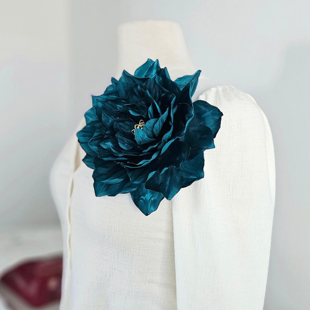 Oversized Teal Blue Flower Brooch for Weddings. Proms, Handmade Floral ...