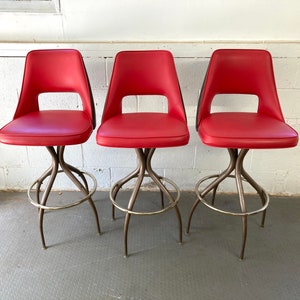 Vintage Mid Century Red Vinyl Retro Bar Stools Set of 3 - Etsy