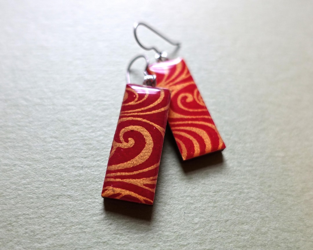 Gold Earrings, Red Earrings, Japanese Paper Earrings, Japanese Paper ...