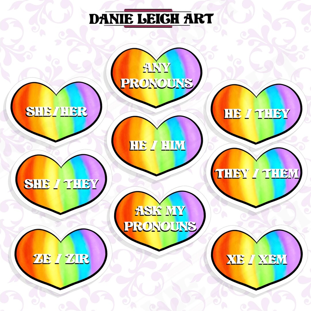 Holographic Pronoun Stickers - Rainbow Heart Vinyl Decals - Etsy