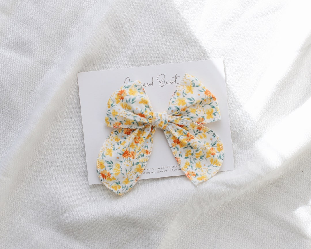 Large Fable Bow, Yellow Floral Bow, Serged Bow, Sailor Hair Bow, Baby ...