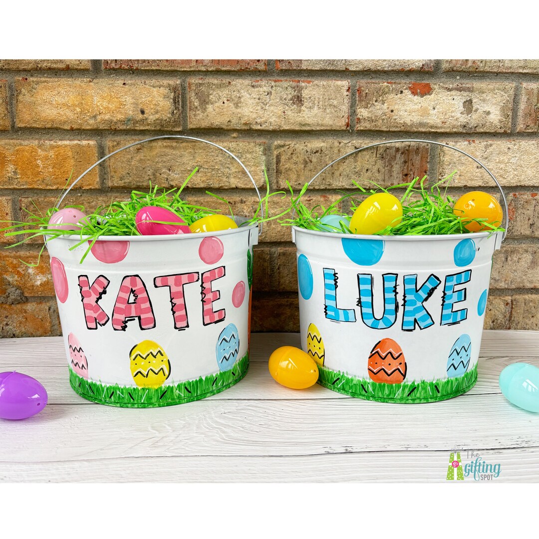 Painted Easter Bucket, Personalized Easter Tote, Hand Painted Easter Pail, Custom Bucket With ...