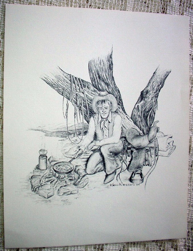 Cowboy Cooking at His Campfire Site Original Vintage Lithograph Print ...