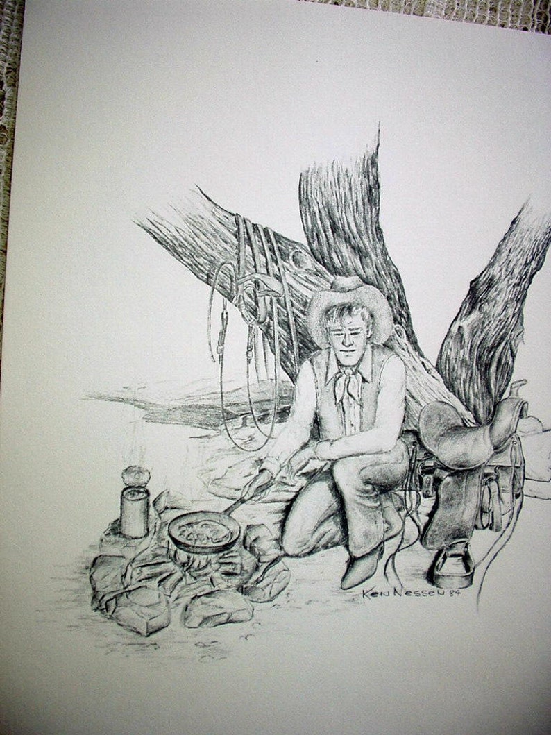 Cowboy Cooking at His Campfire Site Original Vintage Lithograph Print ...