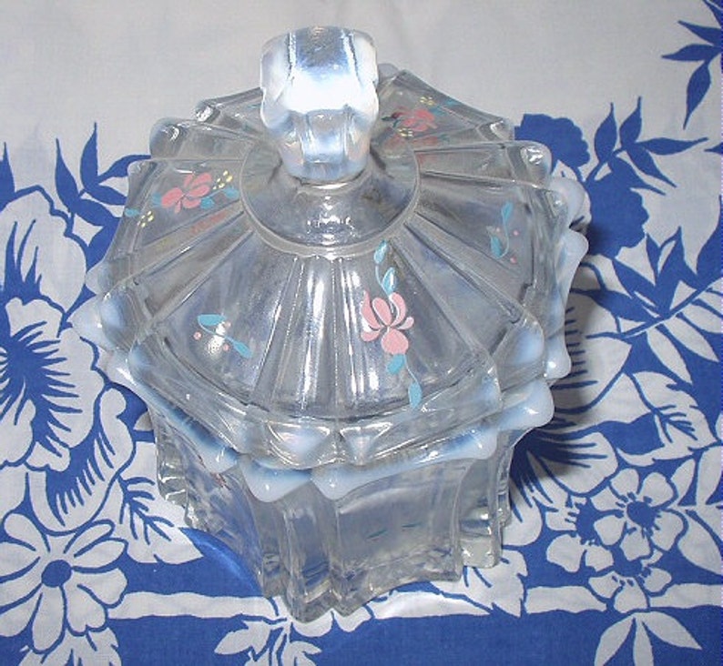 Fenton Opalescent Covered Candy Dish Hand Painted Flowers - Etsy