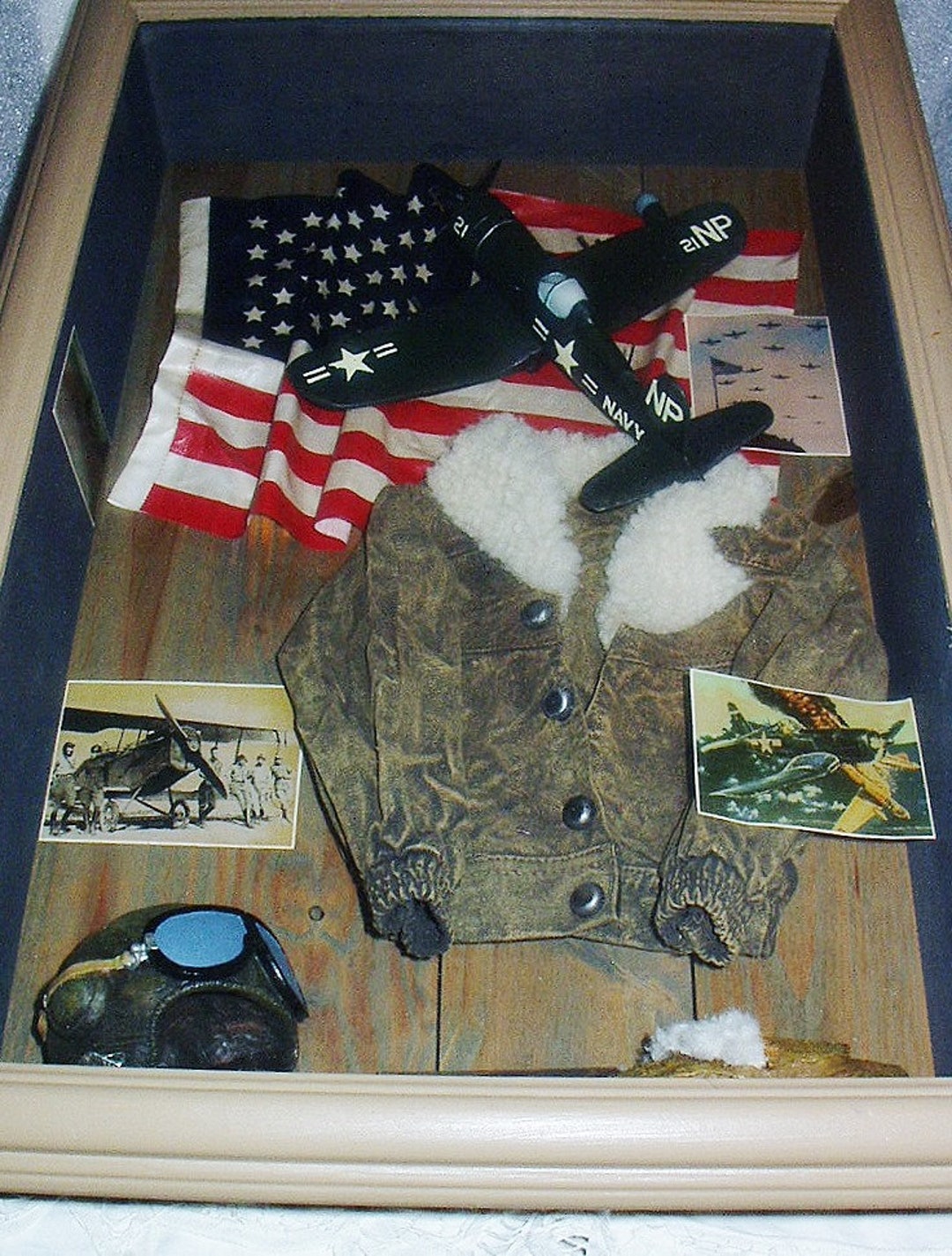 Navy WWII Military USA Flag Plane Bomber Jacket Helmet Glass Encased ...