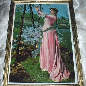 Victorian Lady in Pink Gown Gathering Flowers Original Antique ...