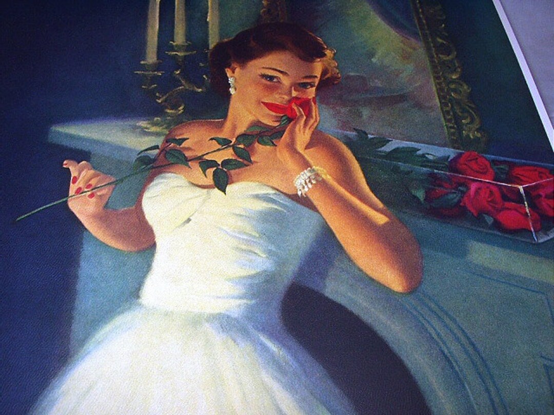 Red Roses Lady in White Gown Beautiful Artist Hufford Titled Love Sends ...