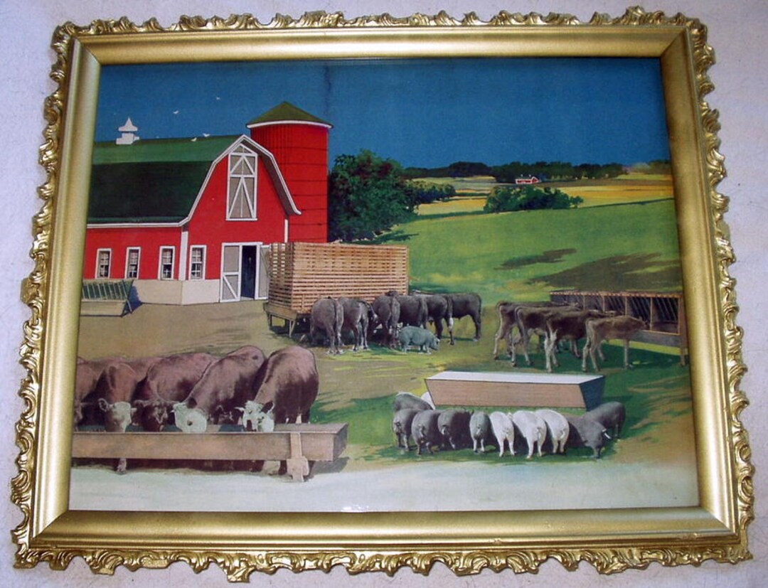 Farm Yard Animals Cows Pigs Eating Red Barn Original Antique Early 1900 ...