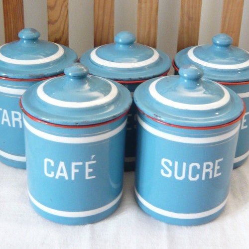 Set of 5 Vintage French Enamel Kitchen Canisters. Red-orange | Etsy