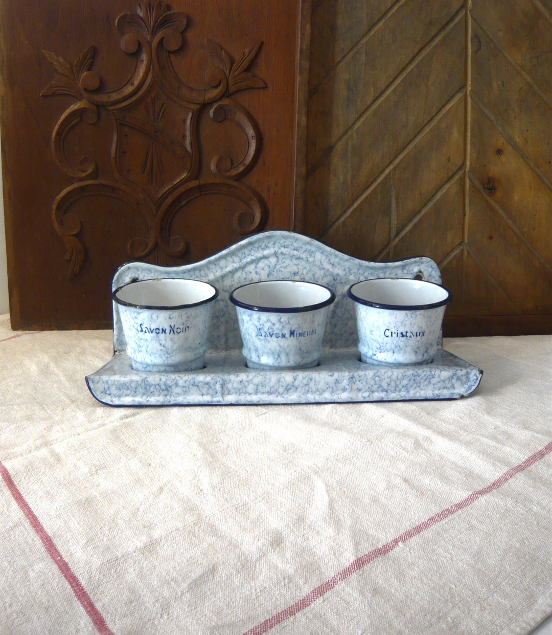 French Antique Enamel Soap Rack Soap Holder 3 Enamel Pots Soap Laundry ...