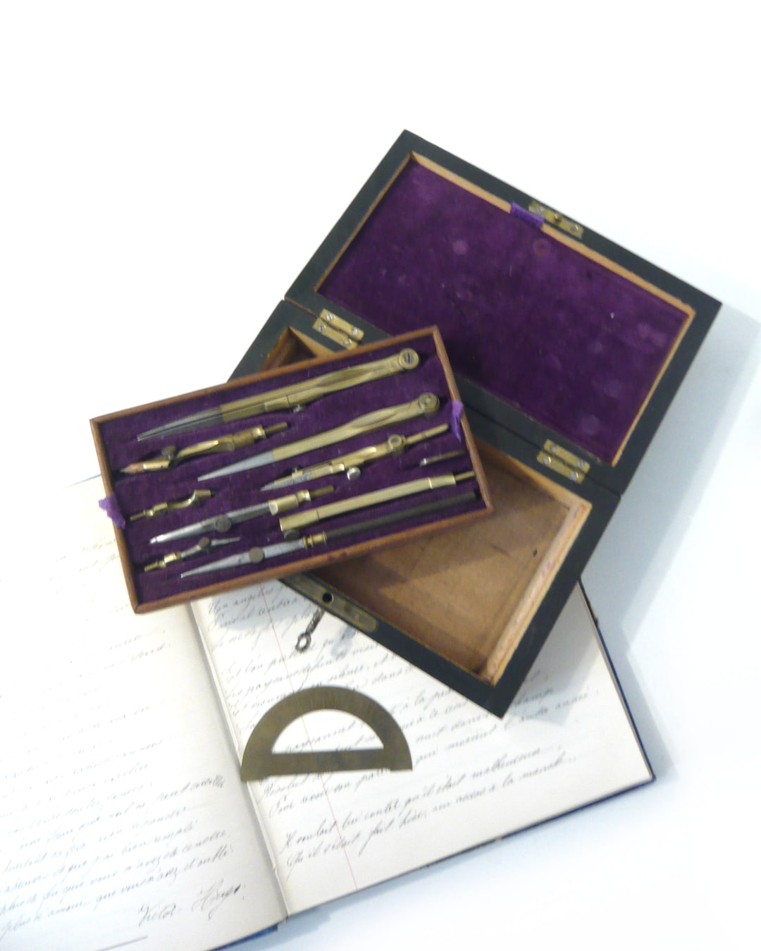 Antique Drafting Box With Key Wooden Box Compass Drafting Tools ...