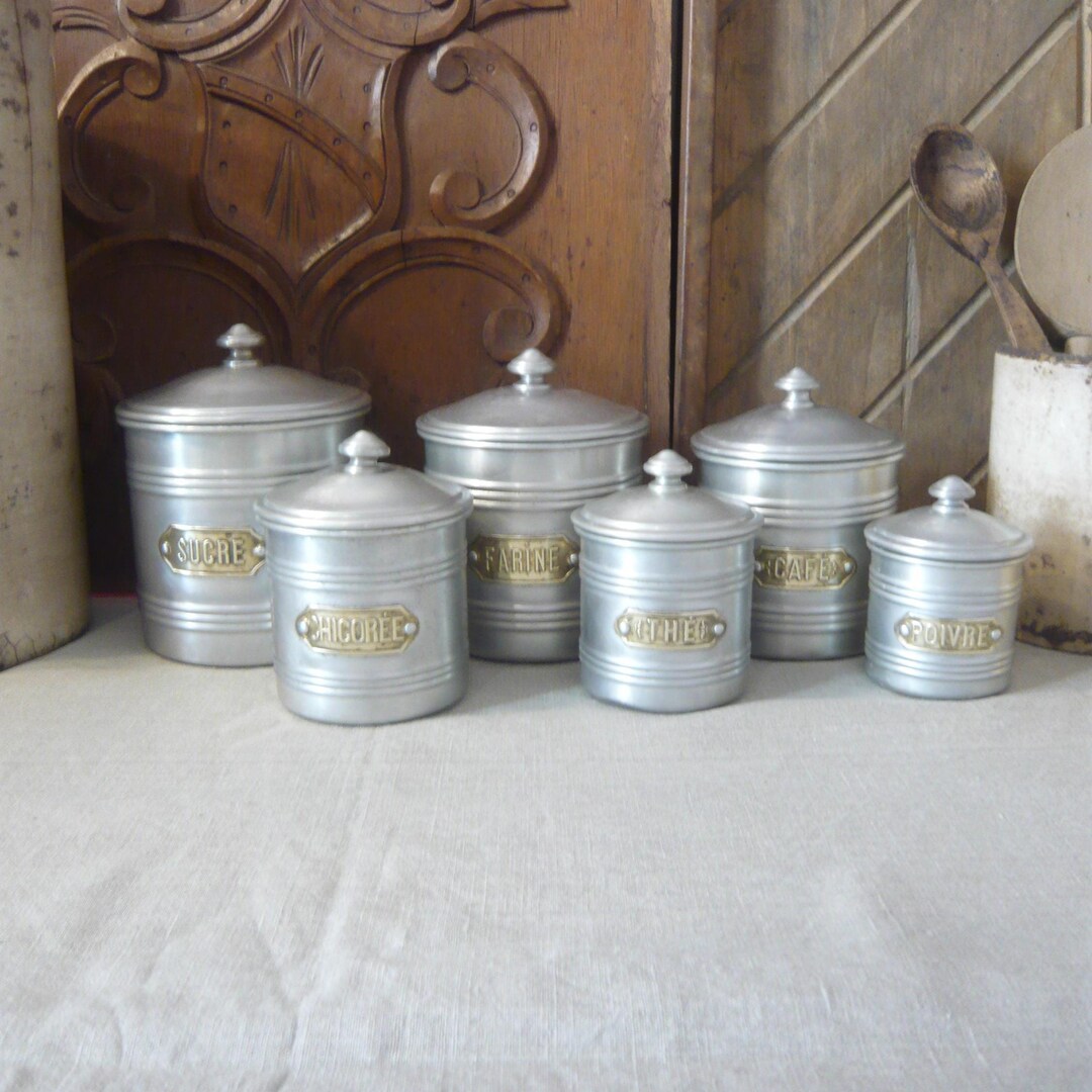 Set of 6 Aluminum Canisters With Brass Label Kitchen Decor French ...