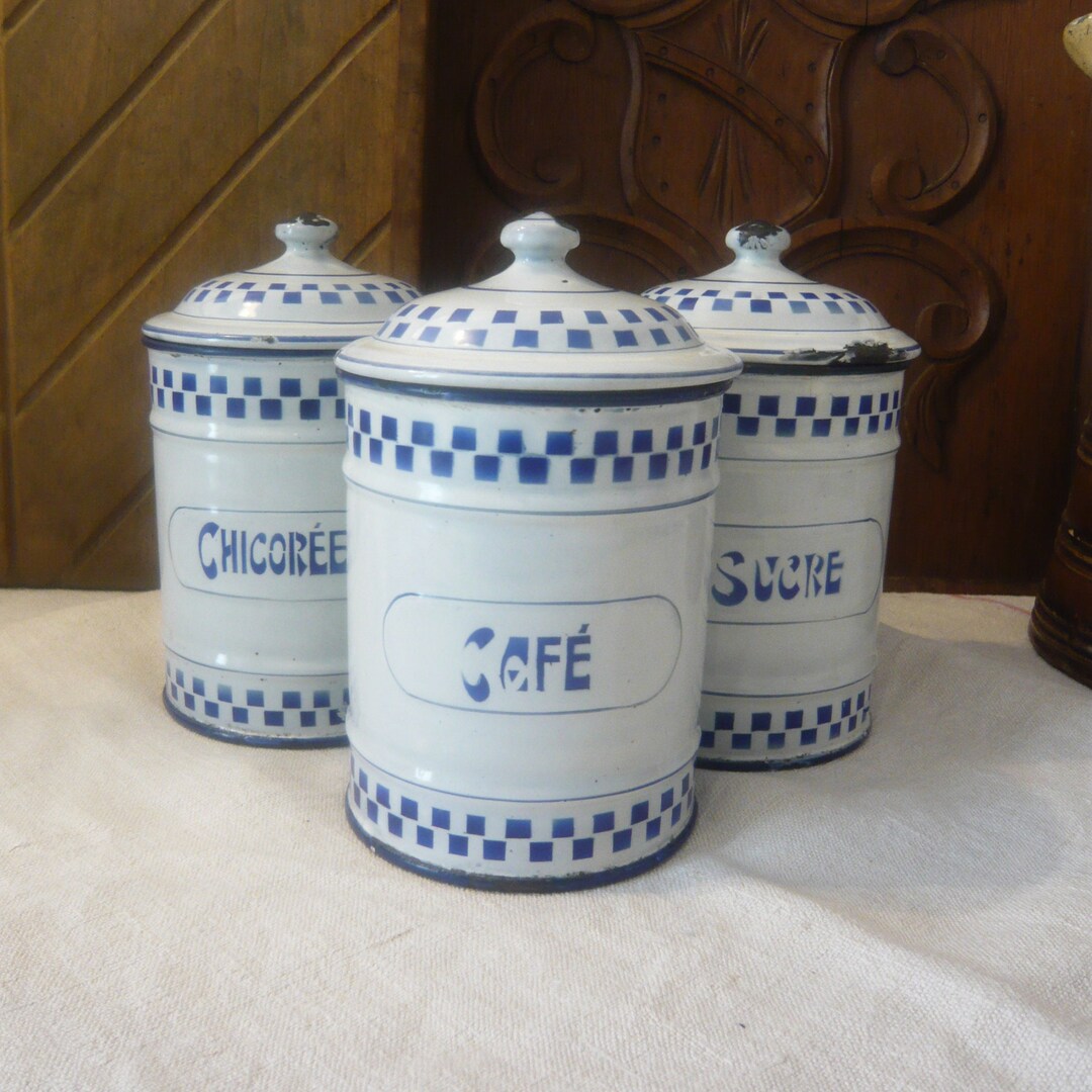 Enamel Canisters Set of 3 French Kitchen Canisters Lustucru Kitchen ...
