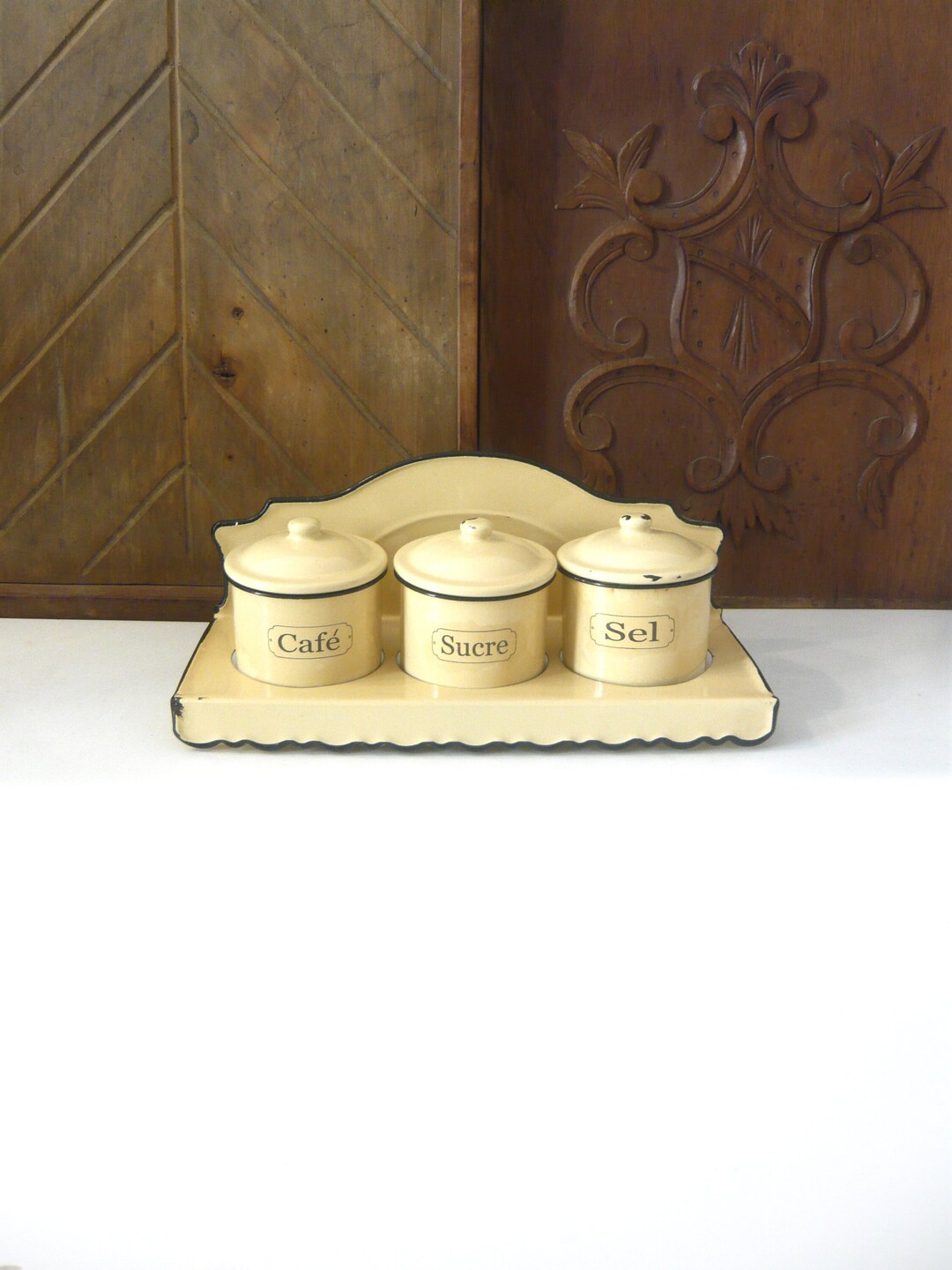 French Vintage Enamel Canisters Rack Kitchen Canisters Holder 3 Enamel ...