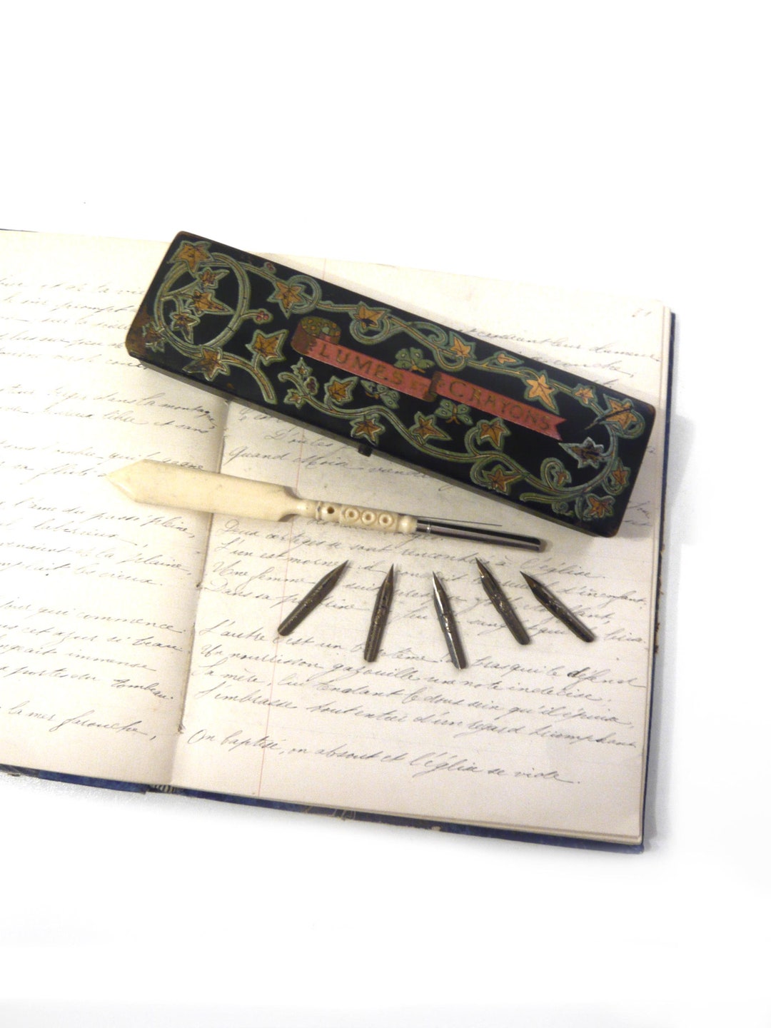 Antique Pencil Case French Plumier Pencil Box Stamped Plumes and ...