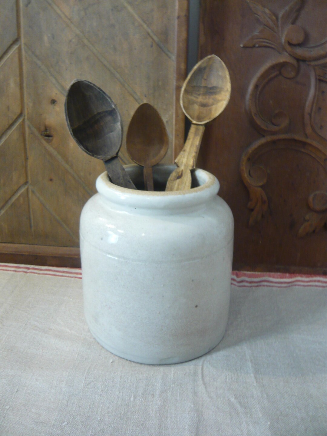 Kitchen Utensils Holder Utensils Crock H17 Cm and 3 Hand Made Wooden ...