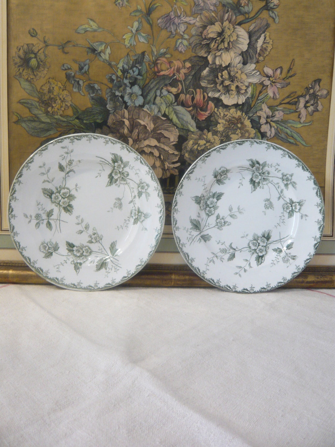 French Antique Ironstone Plates Green Transferware Set of 2 Dinner ...