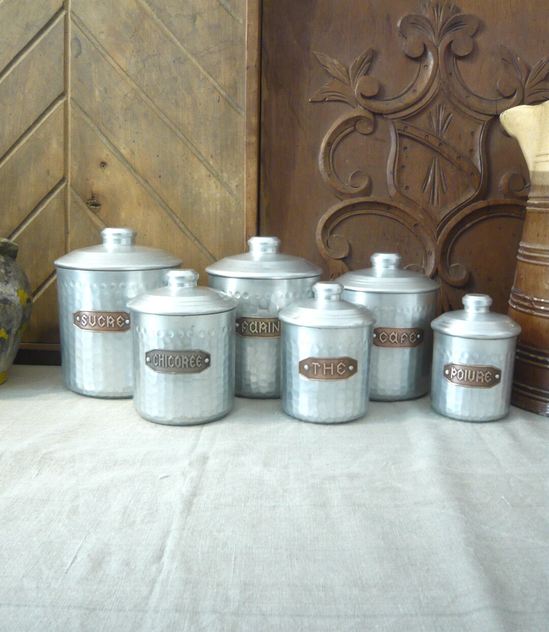 Set of 6 Hammered Aluminum Canisters With Copper Label Kitchen Decor ...