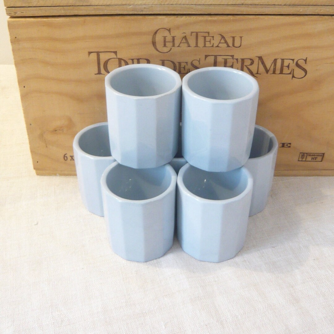 Set of 7 French Vintage Yoghurt Pots Lactana Paris Soft Blue Porcelain ...