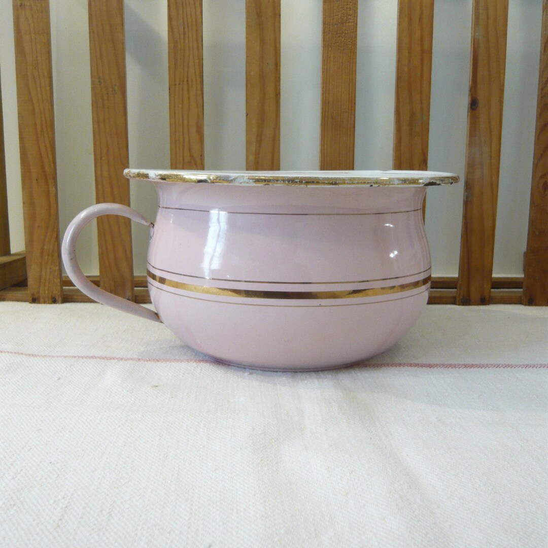 French Antique Pink and Gilded Enamel Chamber Pot Enamel Flower Pot ...