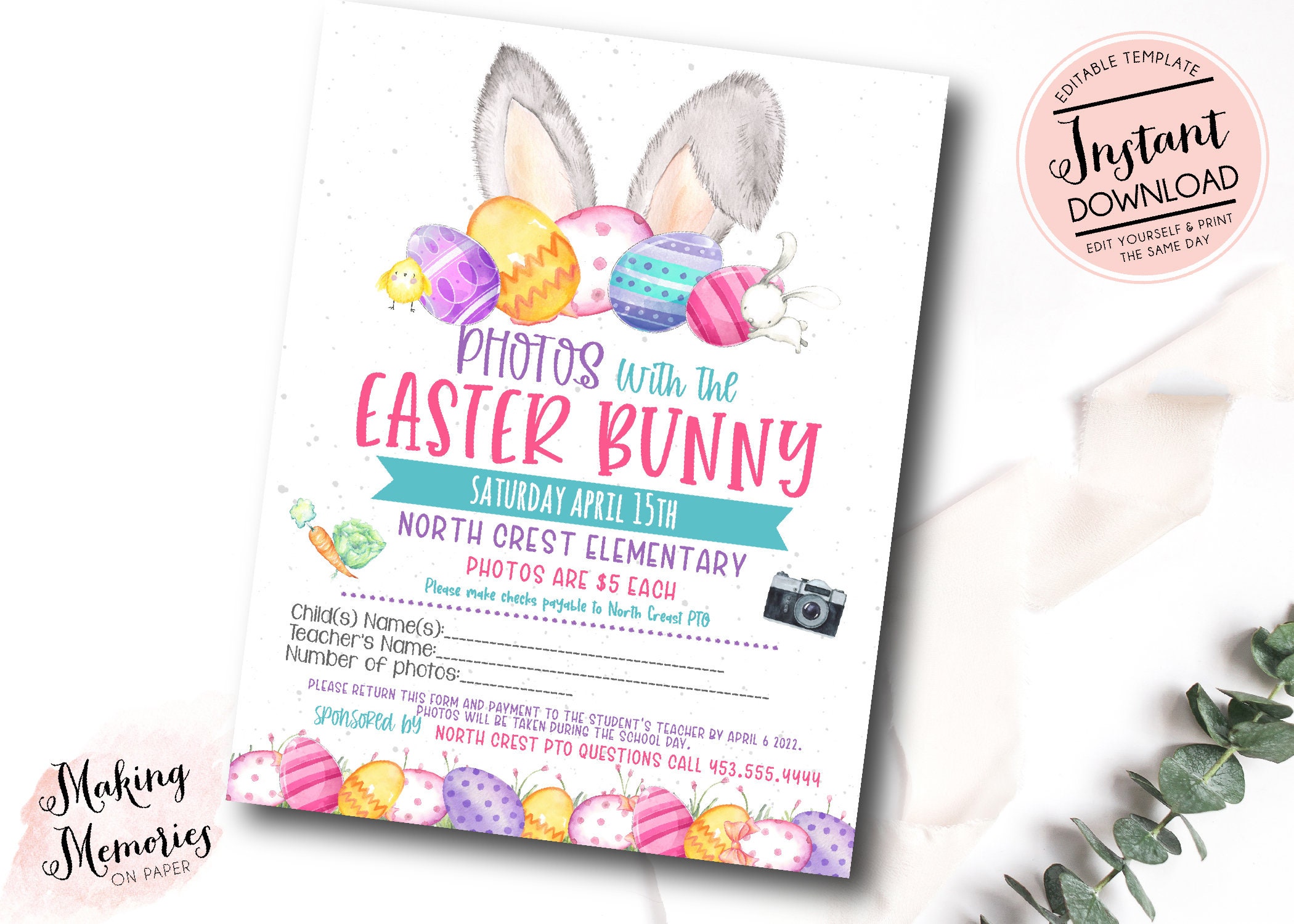 Photos With the Easter Bunny Flyer, Bunny Photo Template, Easter ...