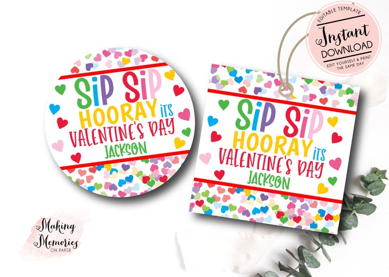 Sip Sip Hooray Valentine Tags, Juice Box Valentine Cards, Straw ...