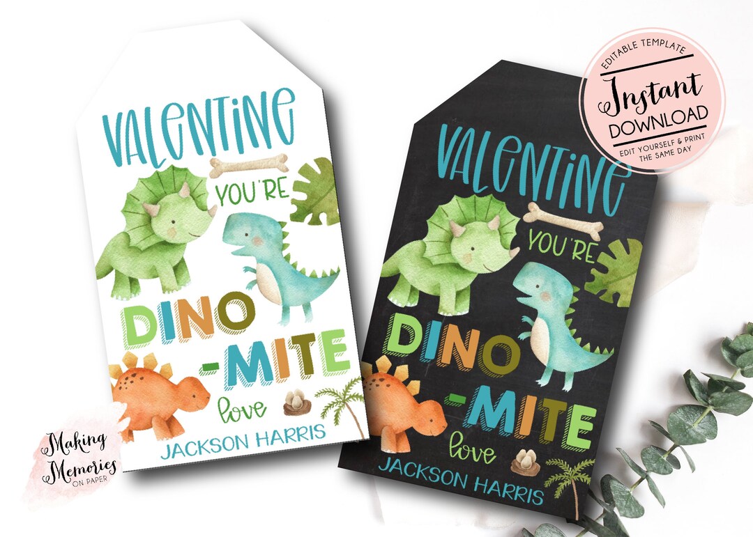 Valentine Dinosaur Tags, Boy Valentine Tag, You Are Dino-mite, Dinosaur ...