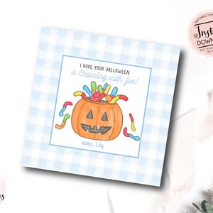 Halloween Gummy Worm Tag, Printable Halloween Gift Tag, Gingham ...