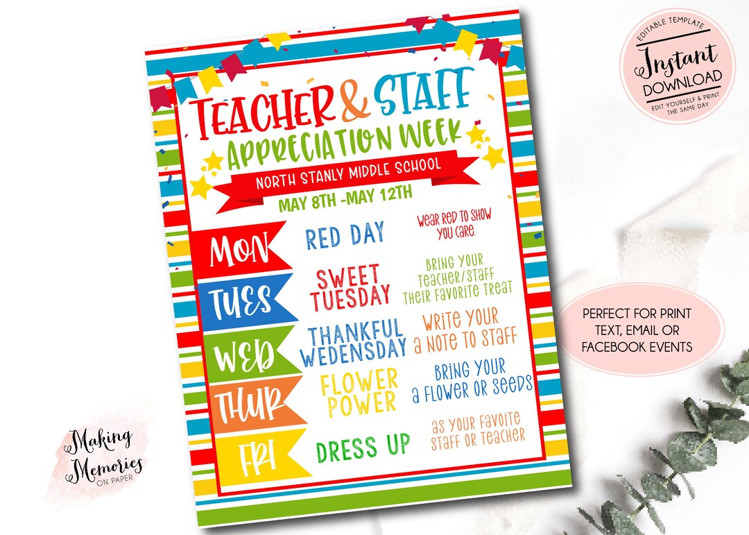 Editable Teacher Appreciation Week Schedule, Appreciation Week ...