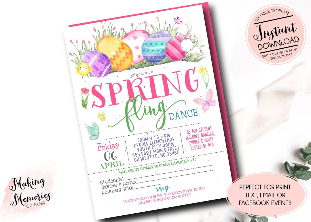 Spring Fling Dance Flyer, School Dance Invite, Editable Spring Dance ...