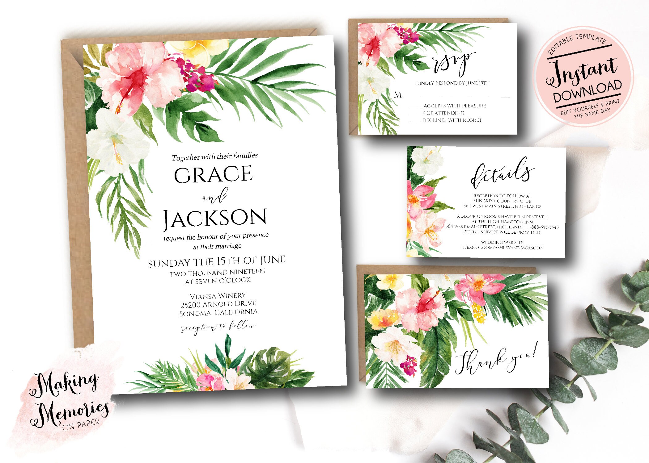 Tropical Wedding Invitation Suite, Wedding Invitation Set, Tropical ...