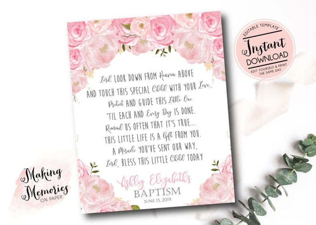 Pink Floral Baptism Prayer, Baptism Poem, Baptism Sign, Baptism, Holy ...