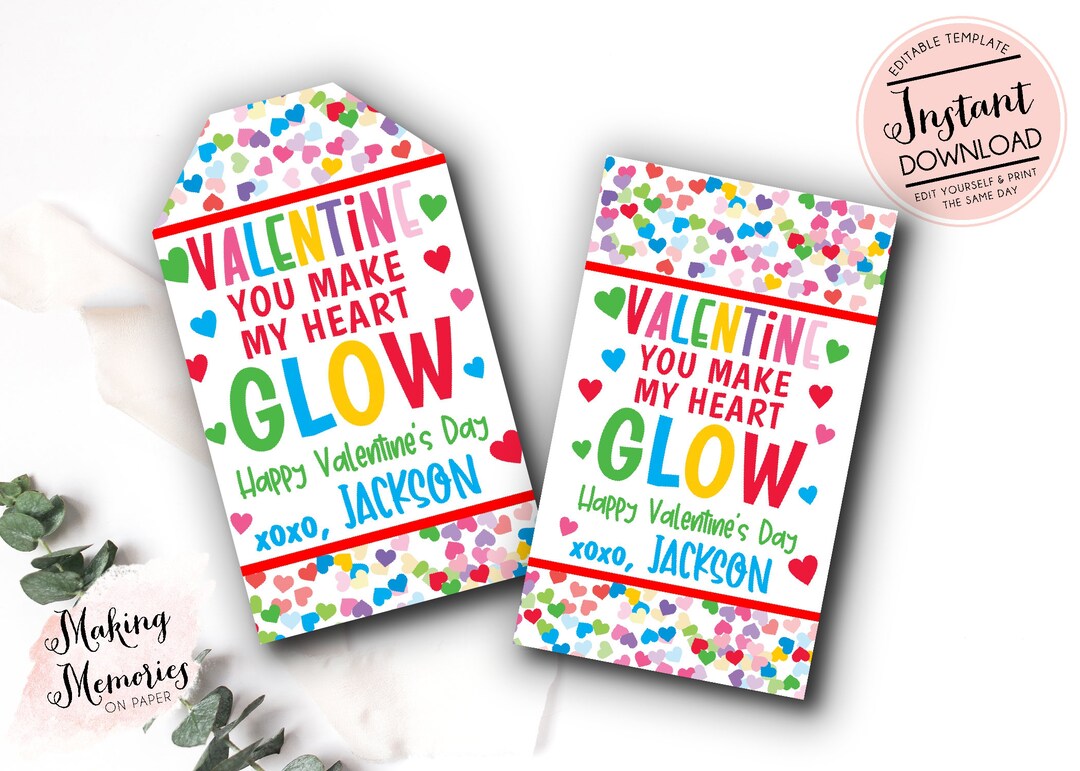 Valentine Glow Tags, Glow Valentine's Day Gift Tag, Editable Valentine ...