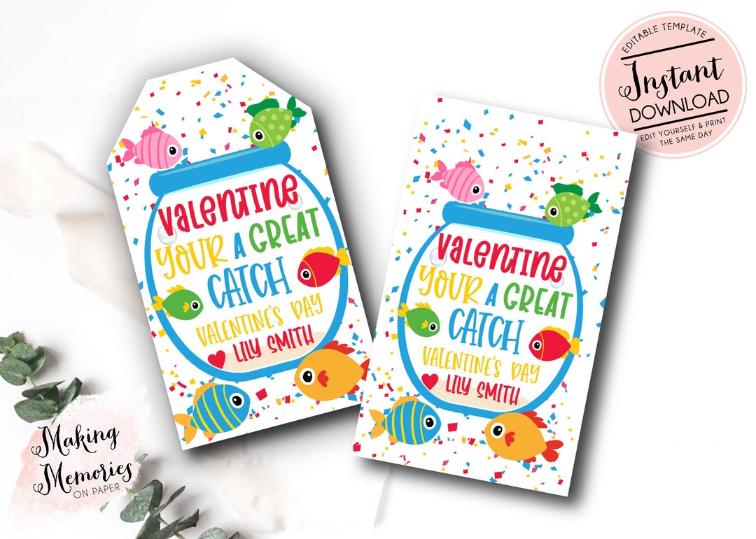 Editable Goldfish Valentine Tags, You Are a Great Catch Valentine Card ...