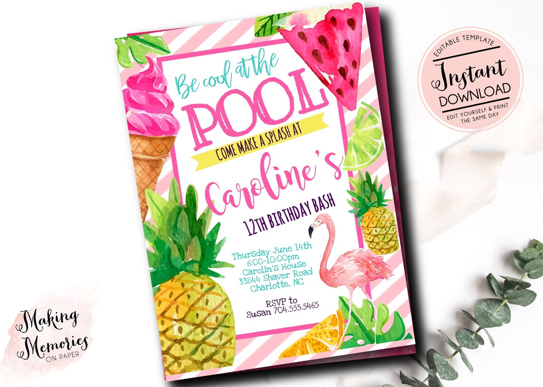 Pool Party Invitation, Tropical Pool Party, Birthday Invitation ...