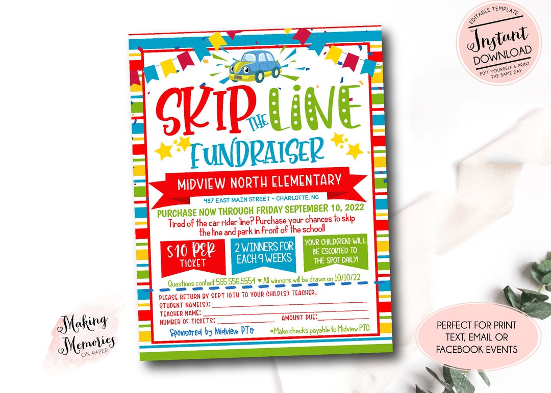 Skip the Line Fundraiser, Skip the Car Rider Line Flyer, PTO Fundraiser ... Skip the Line Fundraiser, Skip the Car Rider Line Flyer, PTO Fundraiser ...