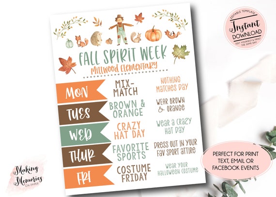 Fall Spirit Week Template Spirit Week Schedule Thanksgiving - Etsy