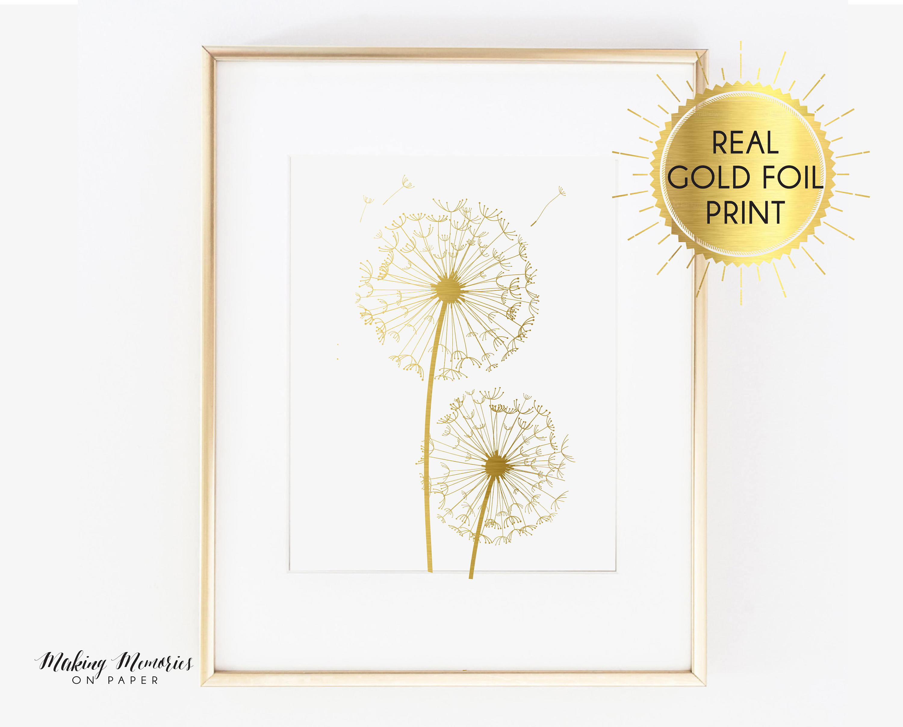 Dandelion, Real Foil Print, Dandelion Print, Foil Dandelion, Gold, Gold ...