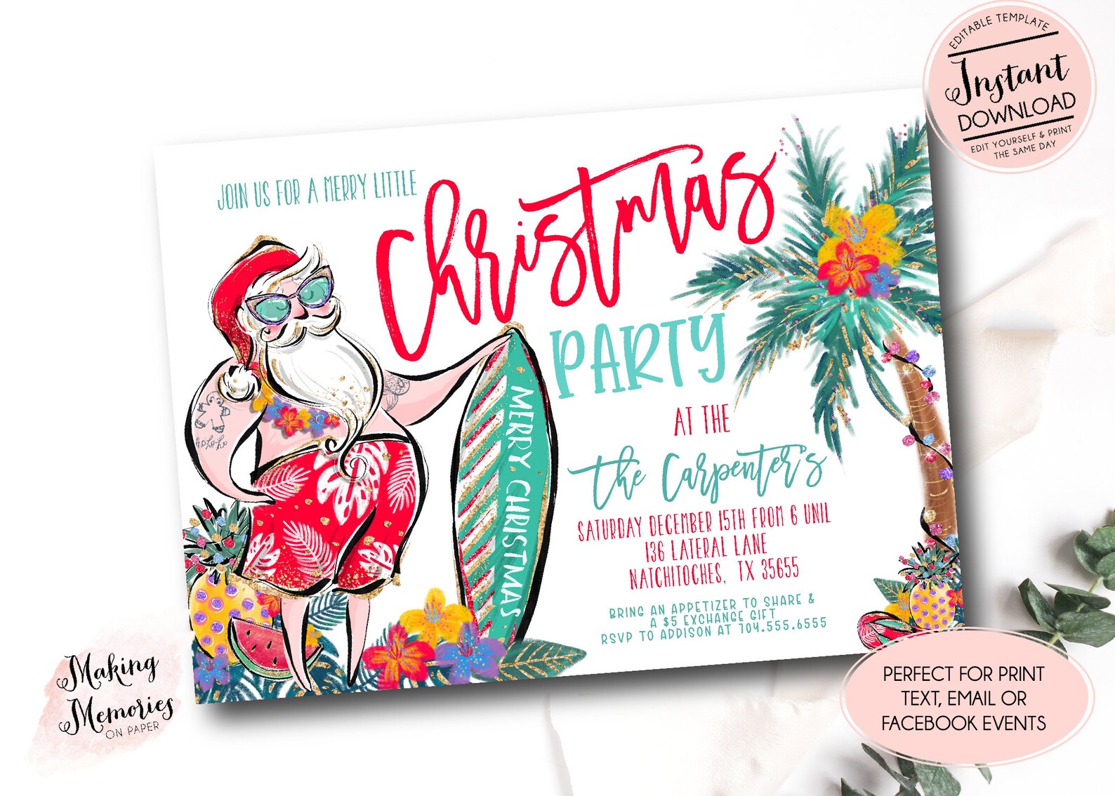 Tropical Christmas Invitation, Hawaiian Santa Christmas Invite ...