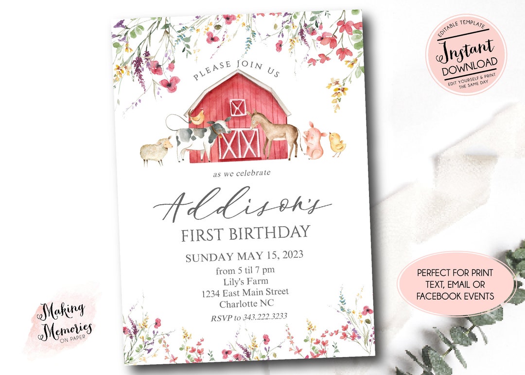 Editable Farm Birthday Invitation, Girl Farm Invitation, Girl Farm ...