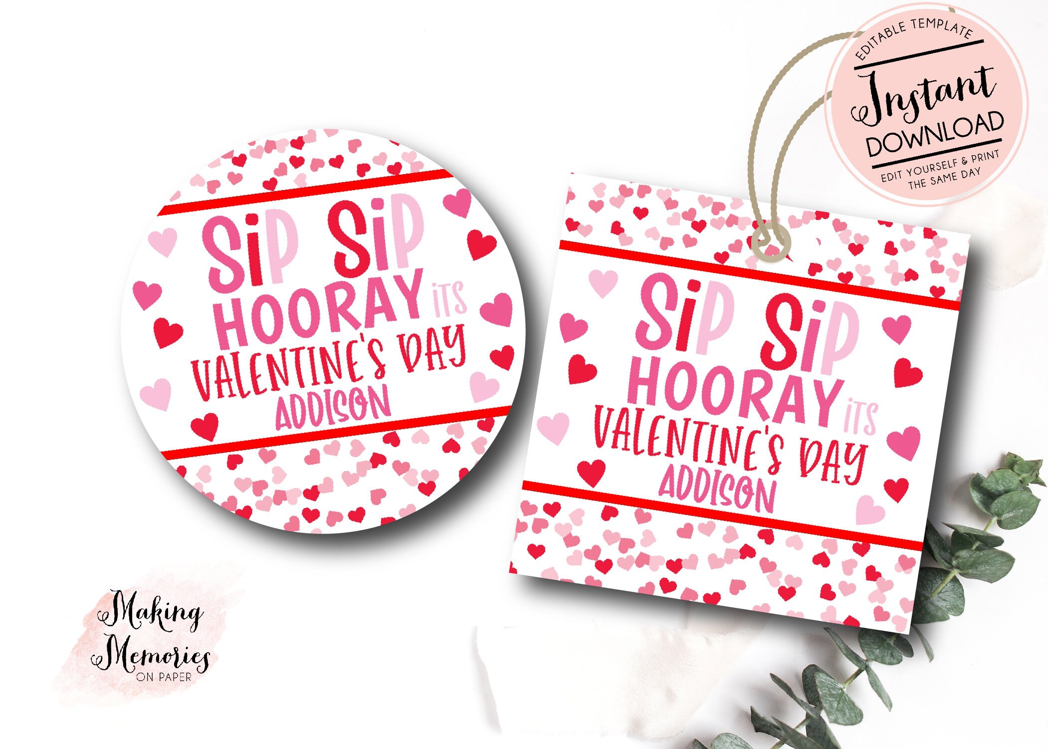 Sip Sip Hooray Valentine Tags, Juice Box Valentine Cards, Straw ...