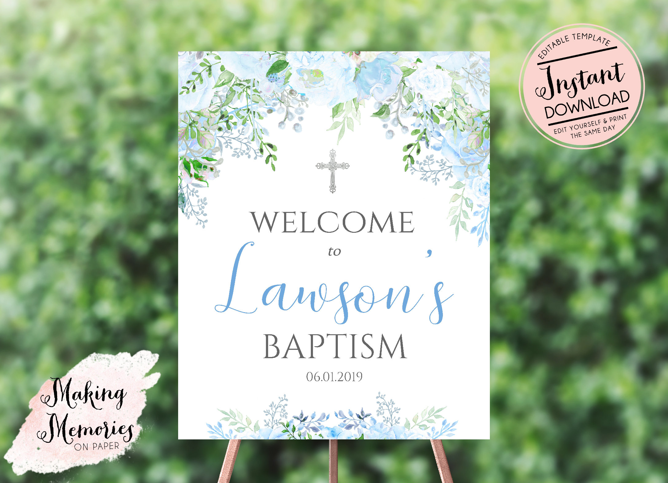 Baptism Welcome Sign boy baptism Welcome Sign blue flower | Etsy