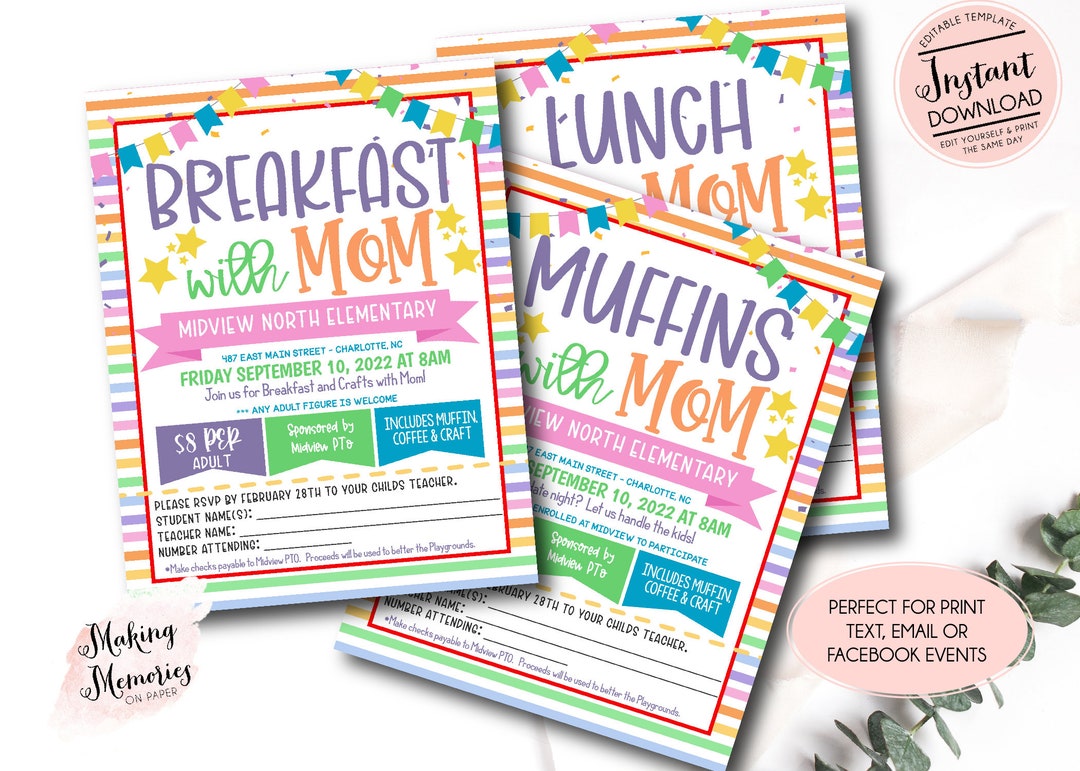 Breakfast With Mom Flyer, School Breakfast Day Event, Muffins With Mom ...