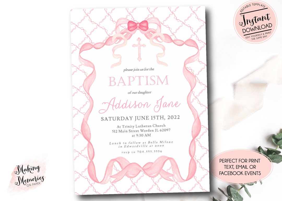 Pink Baptism Invitation, First Communion Invite, INSTANT Download, Girl ...