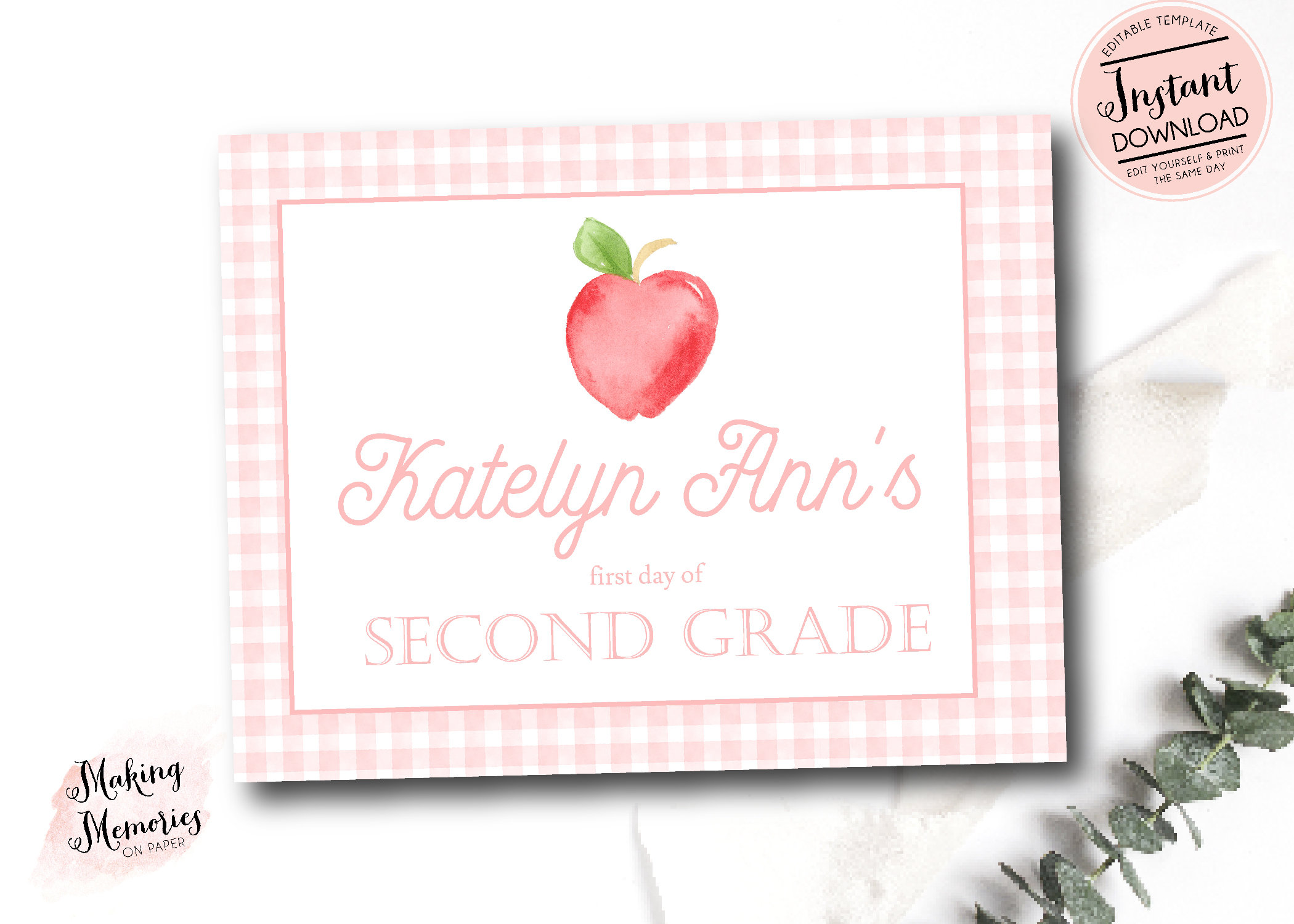 Gingham First Day of School Sign, Editable Back to School Sign ...