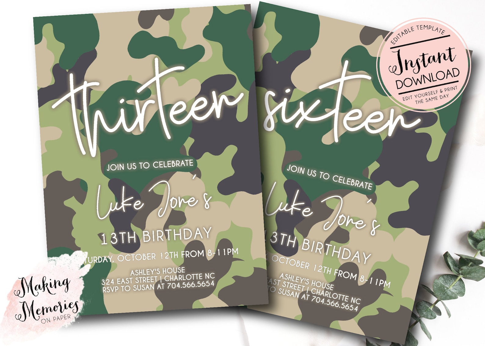 Camo Birthday Invitation, Camo Party, Camo Invite, Hunting Birthday ...
