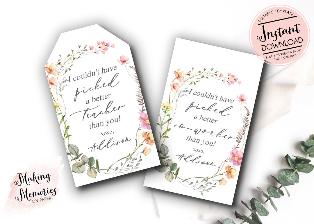 Flower Teacher Appreciation Gift Tag, Editable Floral Teacher ...