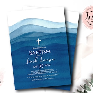 Boy Baptism Invitation, Waves, Water, Watercolor - Christening ...