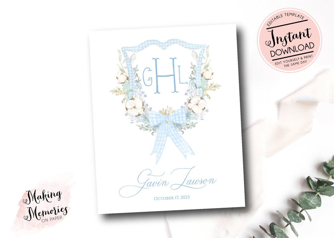 Printable Watercolor Monogram Crest, Hospital Door Sign, Bassinet ...